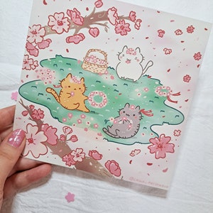 Flower Spring Kawaii Art, Cute Cats in the Garden, Cherry Blossom ...