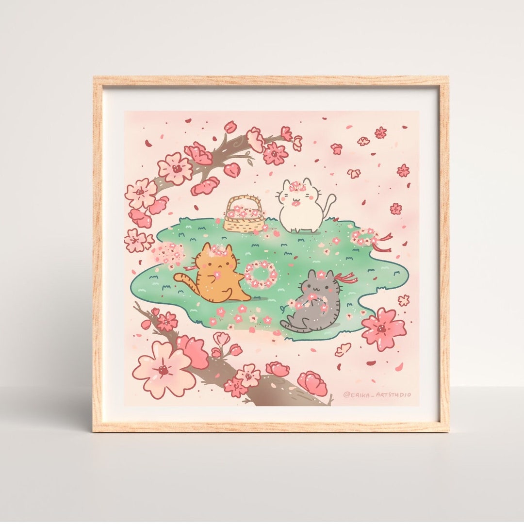 Flower Spring Kawaii Art, Cute Cats in the Garden, Cherry Blossom ...