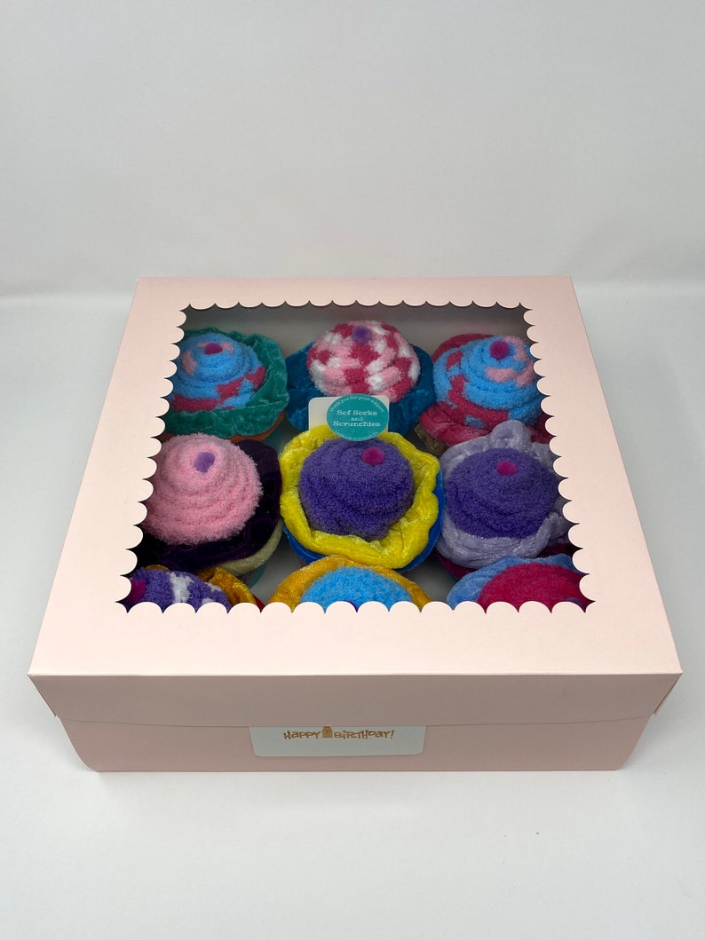 Box of 9 Themed Fuzzy Sock Cupcakes With Scrunchies. Birthday Gift, Get ...