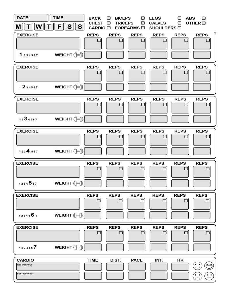 Daily Workout Log Fitness Journal PDF Printable Exercise Etsy