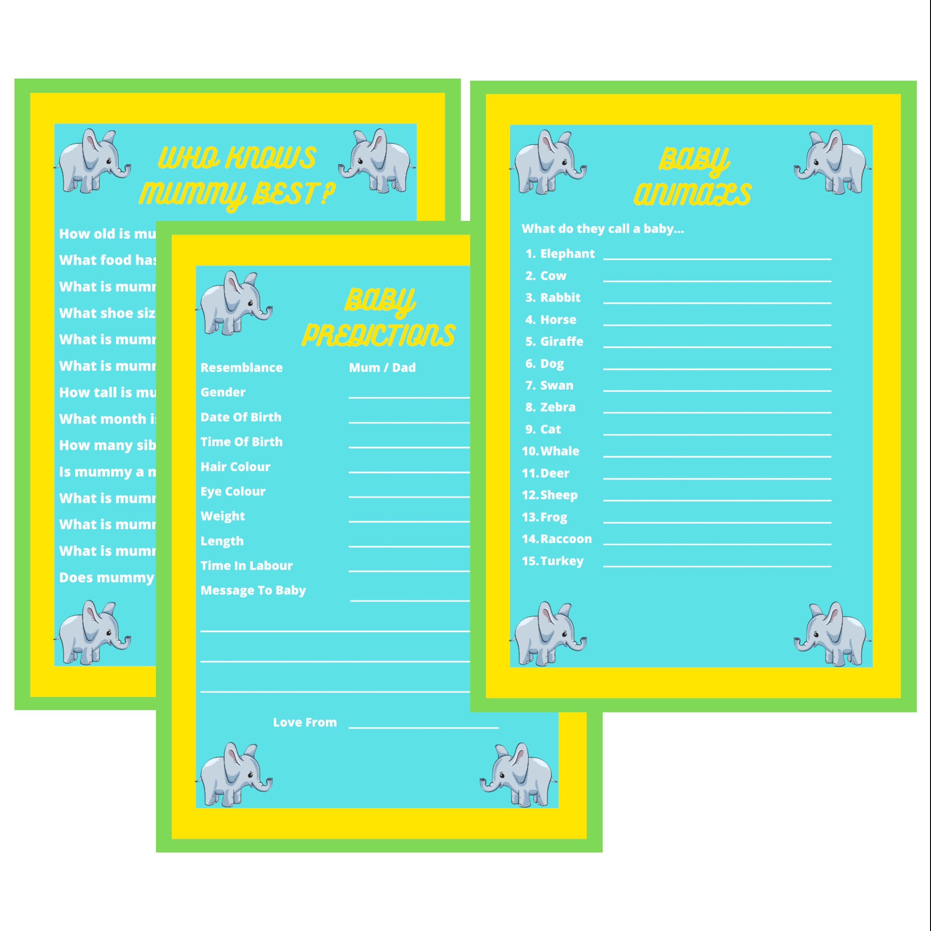 Baby Shower Unisex Games Pack, Instant Download, Elephant Baby Shower ...