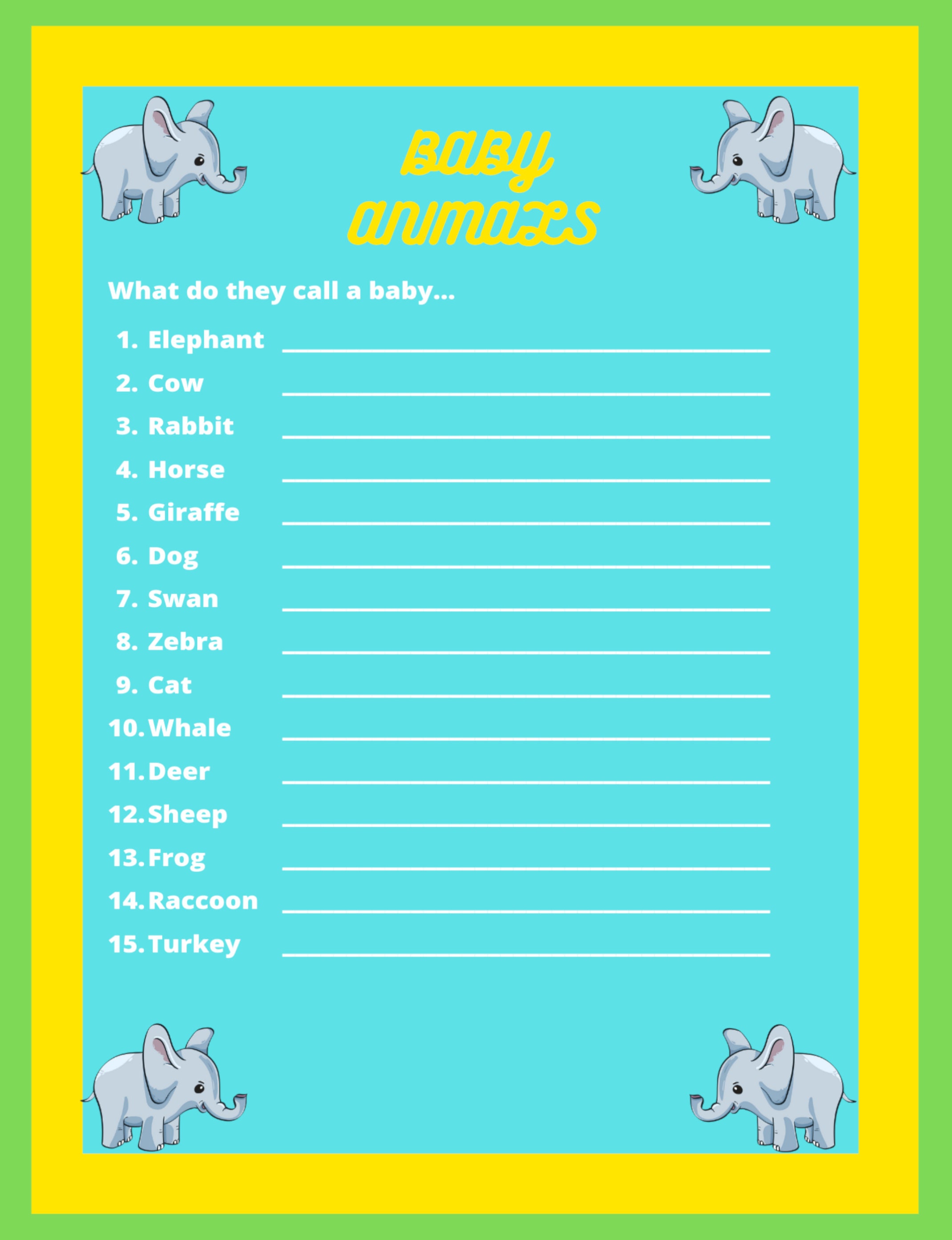 Baby Shower Unisex Games Pack, Instant Download, Elephant Baby Shower ...