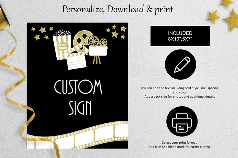 CUSTOM SIGN MOVIE Night Sign Editable Template Hollywood | Etsy