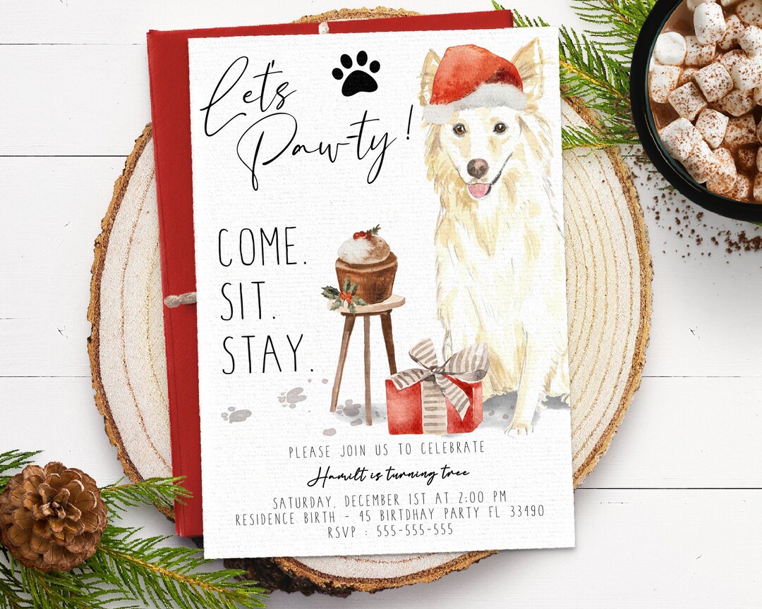 White Collie Birthday Party Invitation Holiday Dog - Etsy