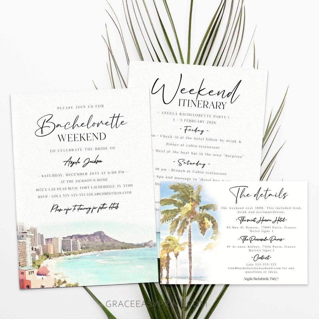 Hawaii Invitation & Itinerary Template, Beach Bachelorette Party ...