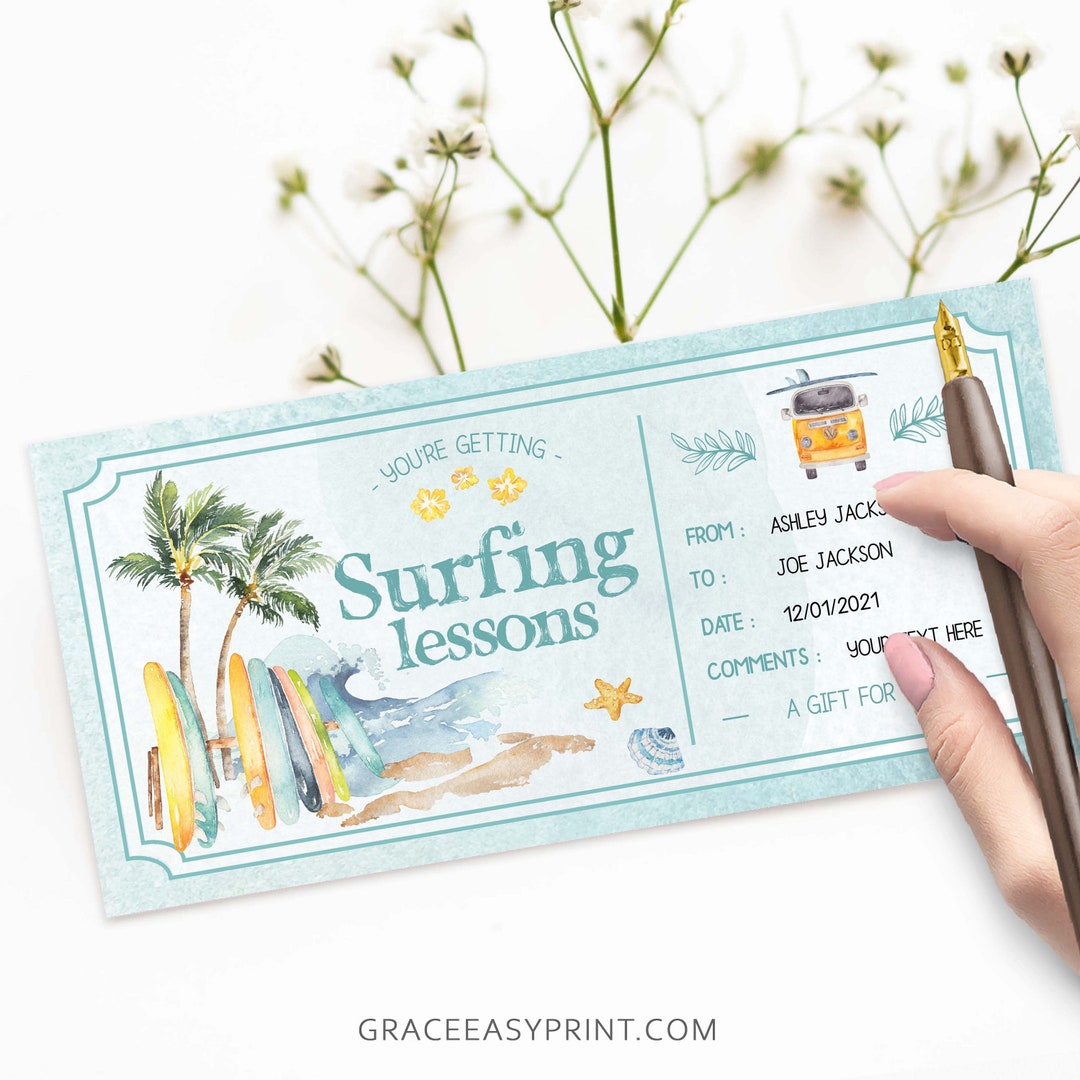 Surfing Gift Certificate Gift Voucher, Surf Gift Ticket, Ticket for ...