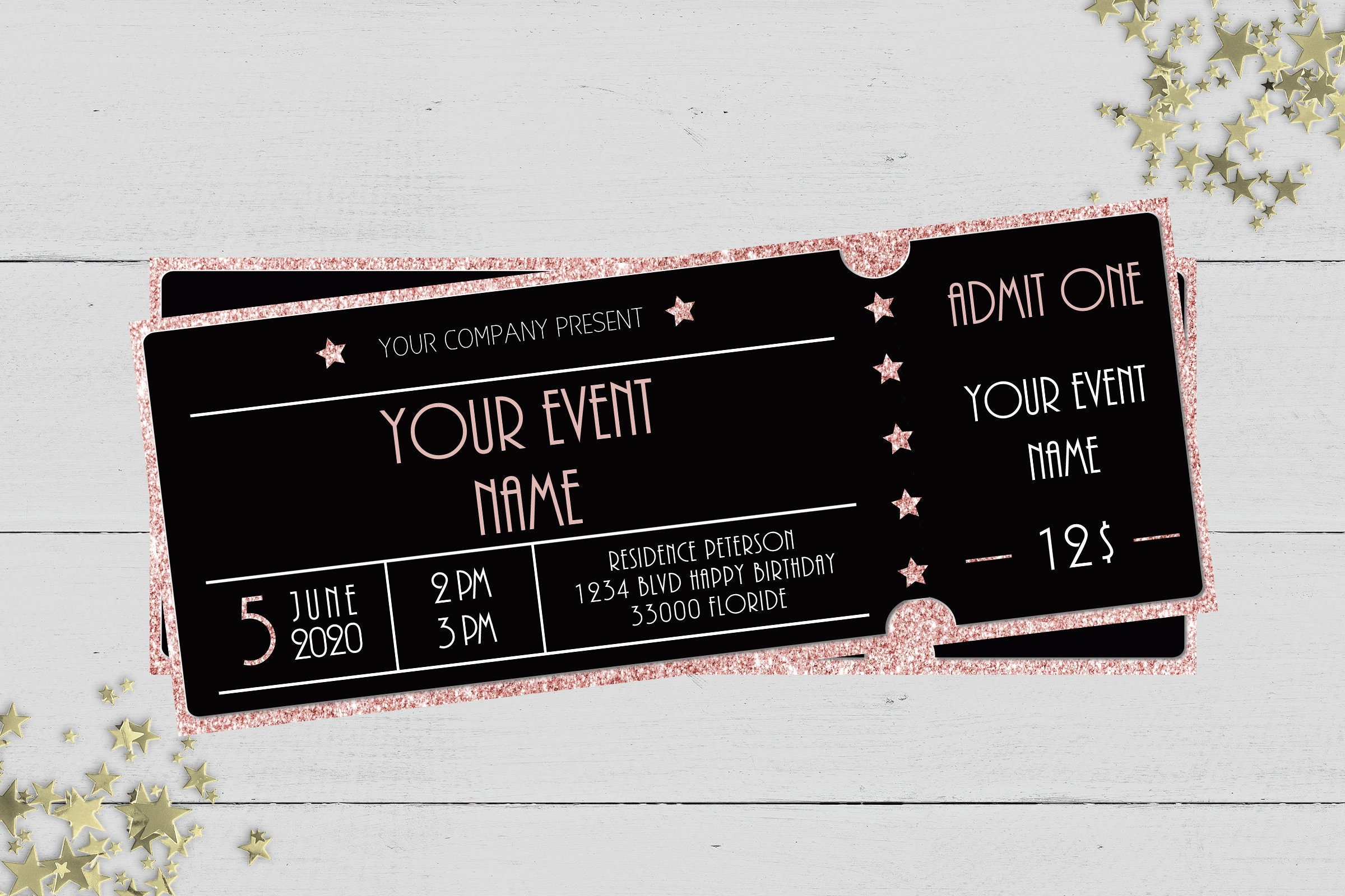 Pink Glitter Event Ticket Printables Editable Event Ticket - Etsy