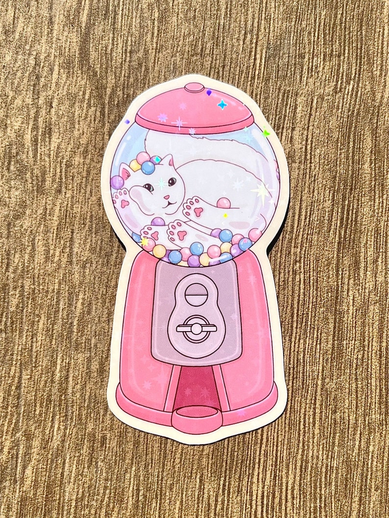 Gumball Machine Sticker, Pink Bubble Gum Machine, Fluffy White Cat ...