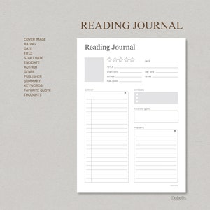Reading Journal Printable PDF Digital Book Planner Tracker Reading Log ...