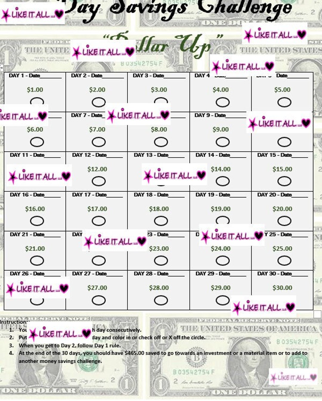 30 Day Money Savings Challenge DOLLAR UP - Etsy