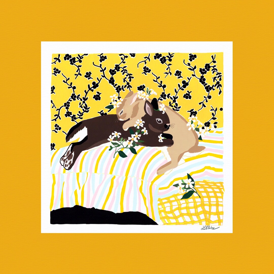 Rabbits and Jasmine Illustration, Art Print on Square Paper - Etsy