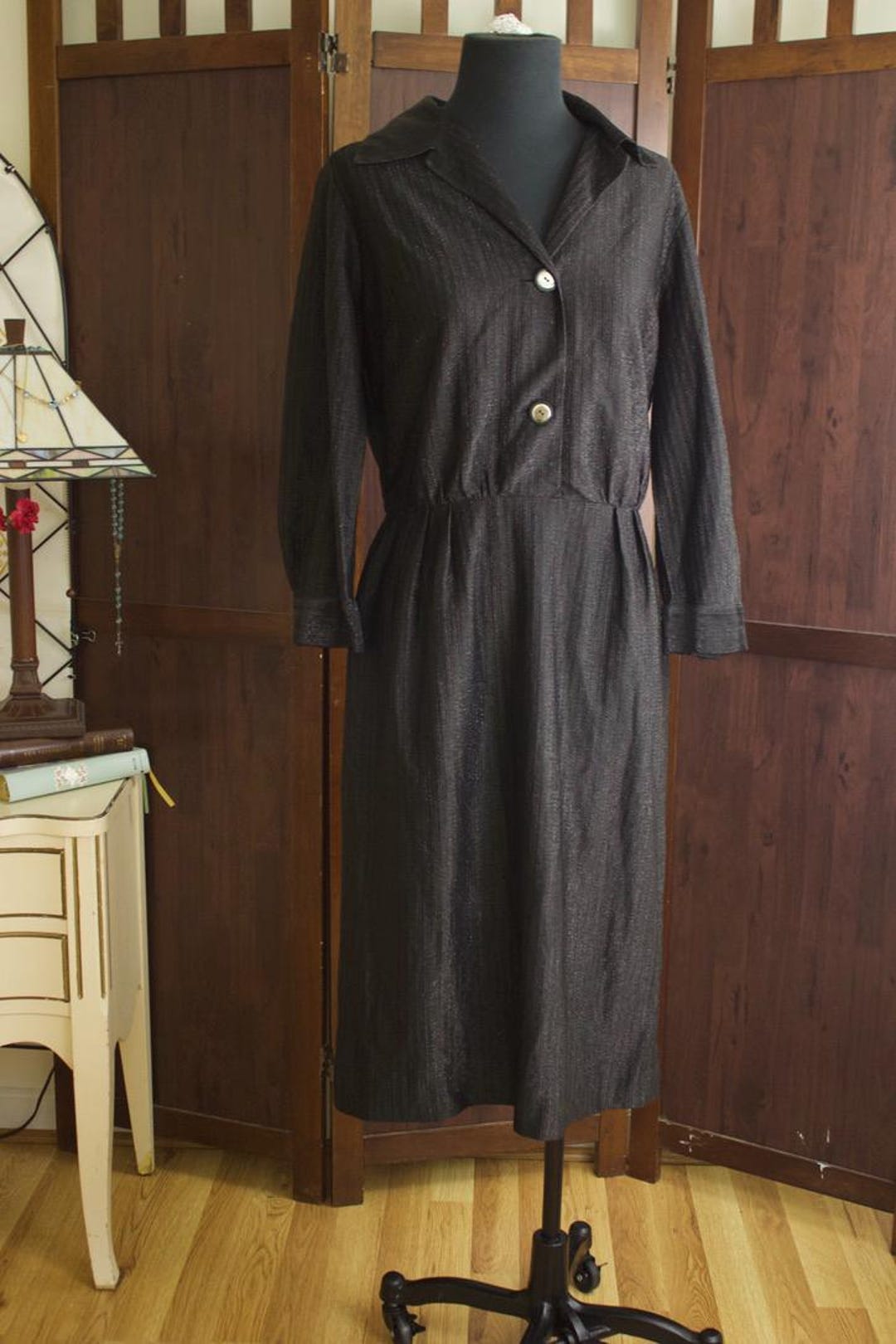 1970s Vintage Shimmer Shirt Dress - Medium Black Long Sleeves Below the ...