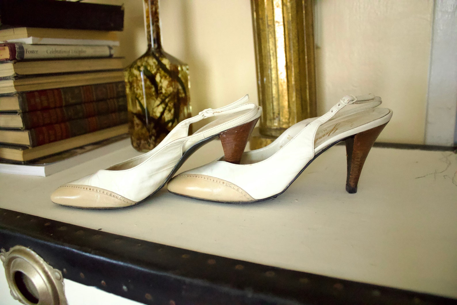 1960s Vintage Heels Sling-back Pointed Toe / White Tan / 4 in Heel ...