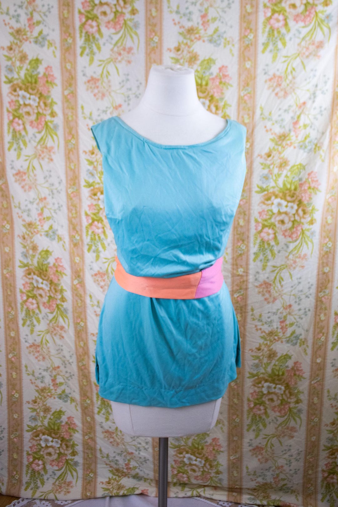 Retro Colorblock Swimsuit - Blue and Coral Pink Nylon - Size Medium ...