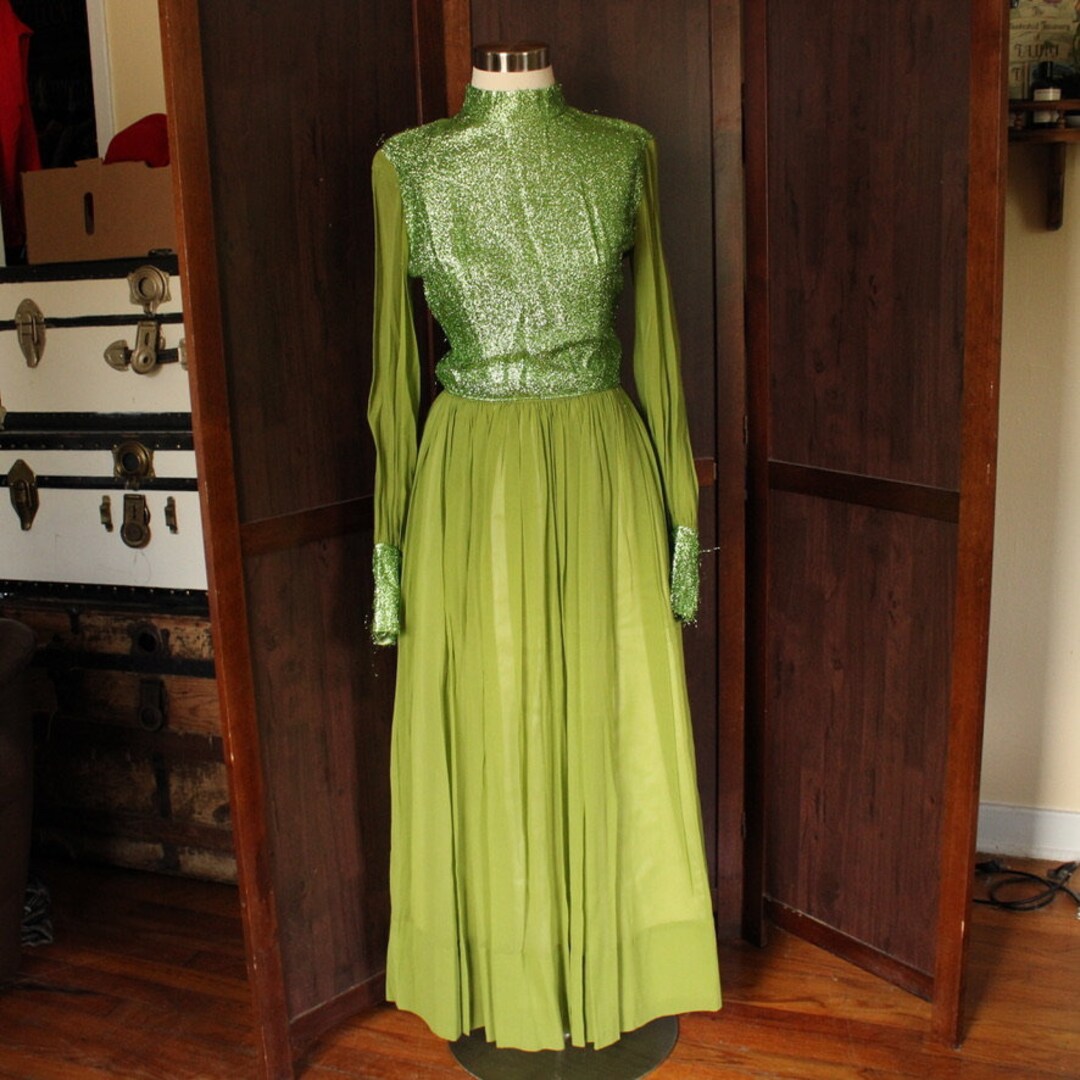 70s Prom Chiffon Metallic Long-sleeved Disco Sparkle Green Floor Length ...