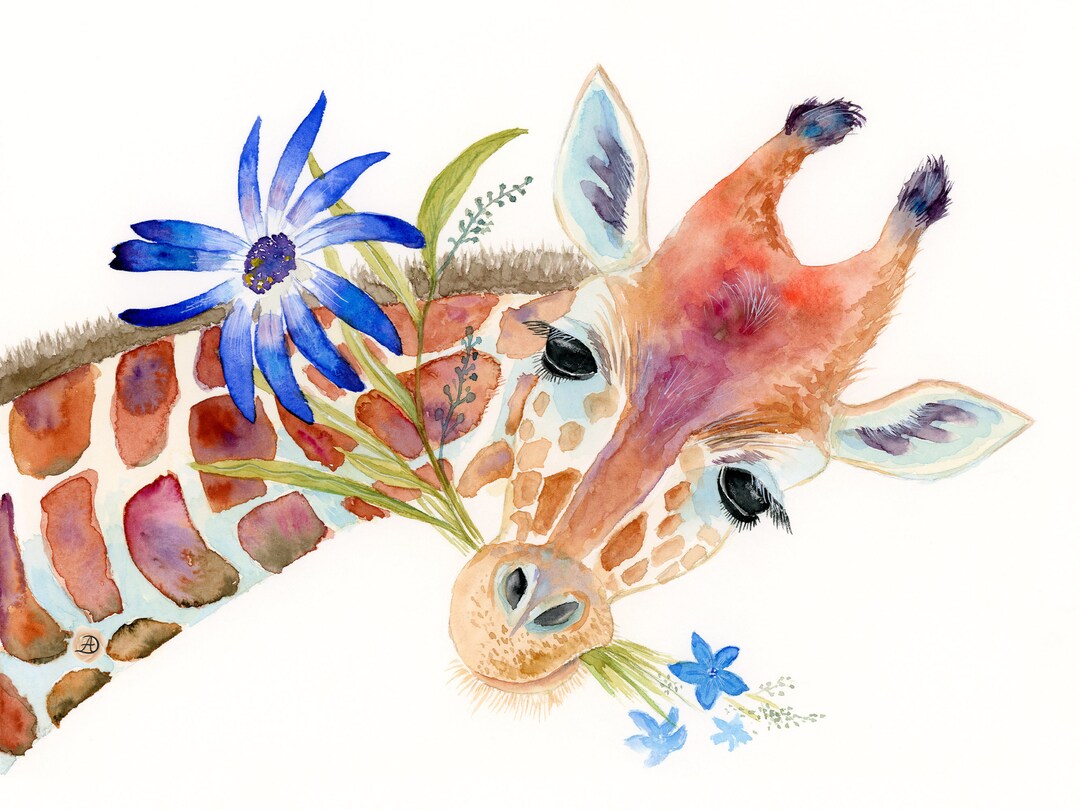 Cute Giraffe With Blue Flowers a Birthday Party Baby - Etsy