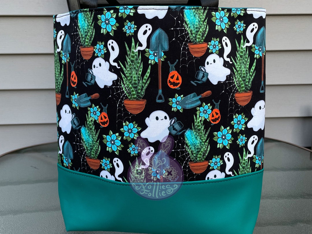 Gardening Ghosts in Green Shopper Tote, Spooky Cute Faux Leather Bottom ...