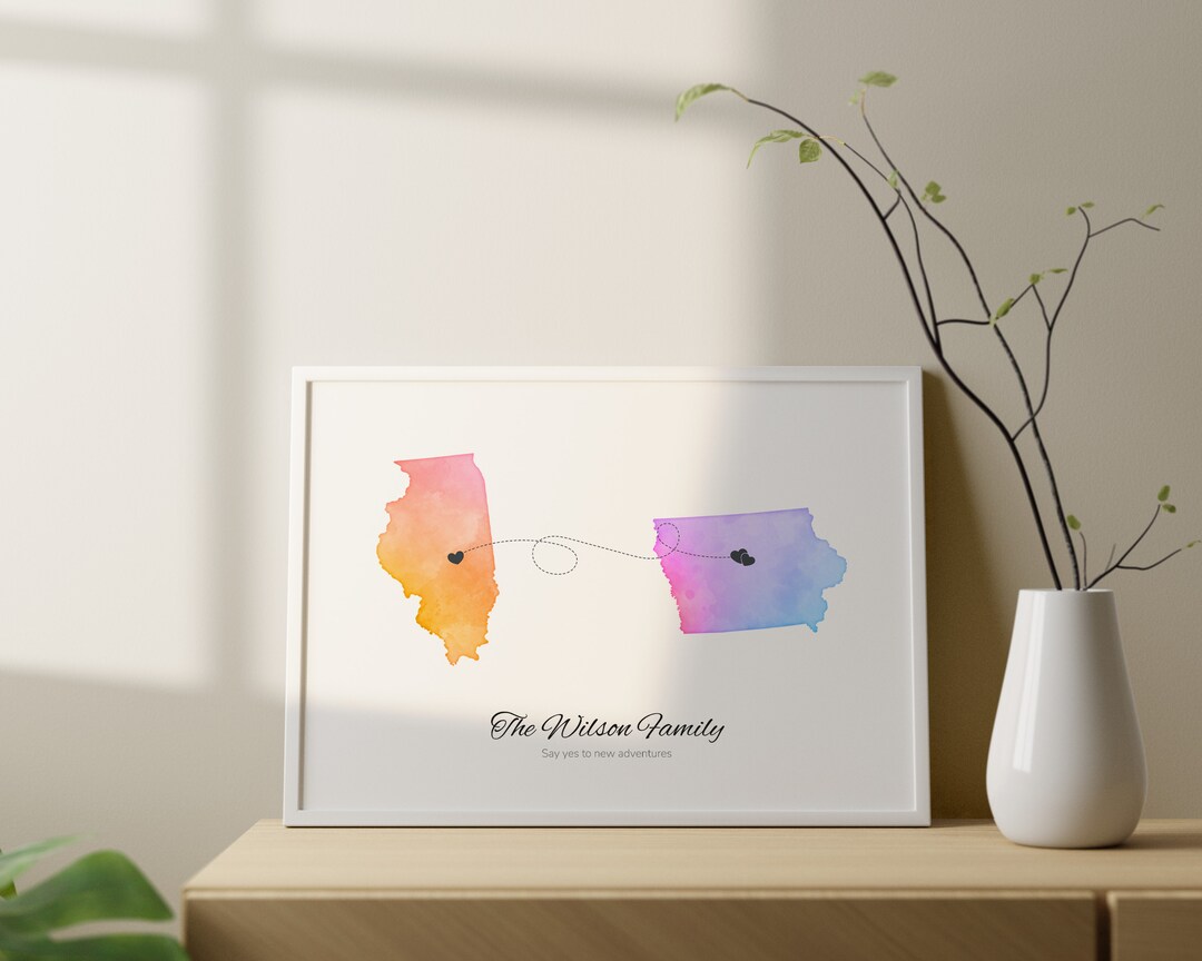 Custom Long Distance State Map, Personalised Distanced Relationship Art ...