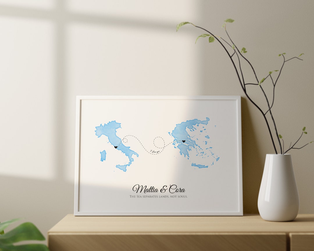 Personalised International Love Poster, Custom Long Distance Map Print ...
