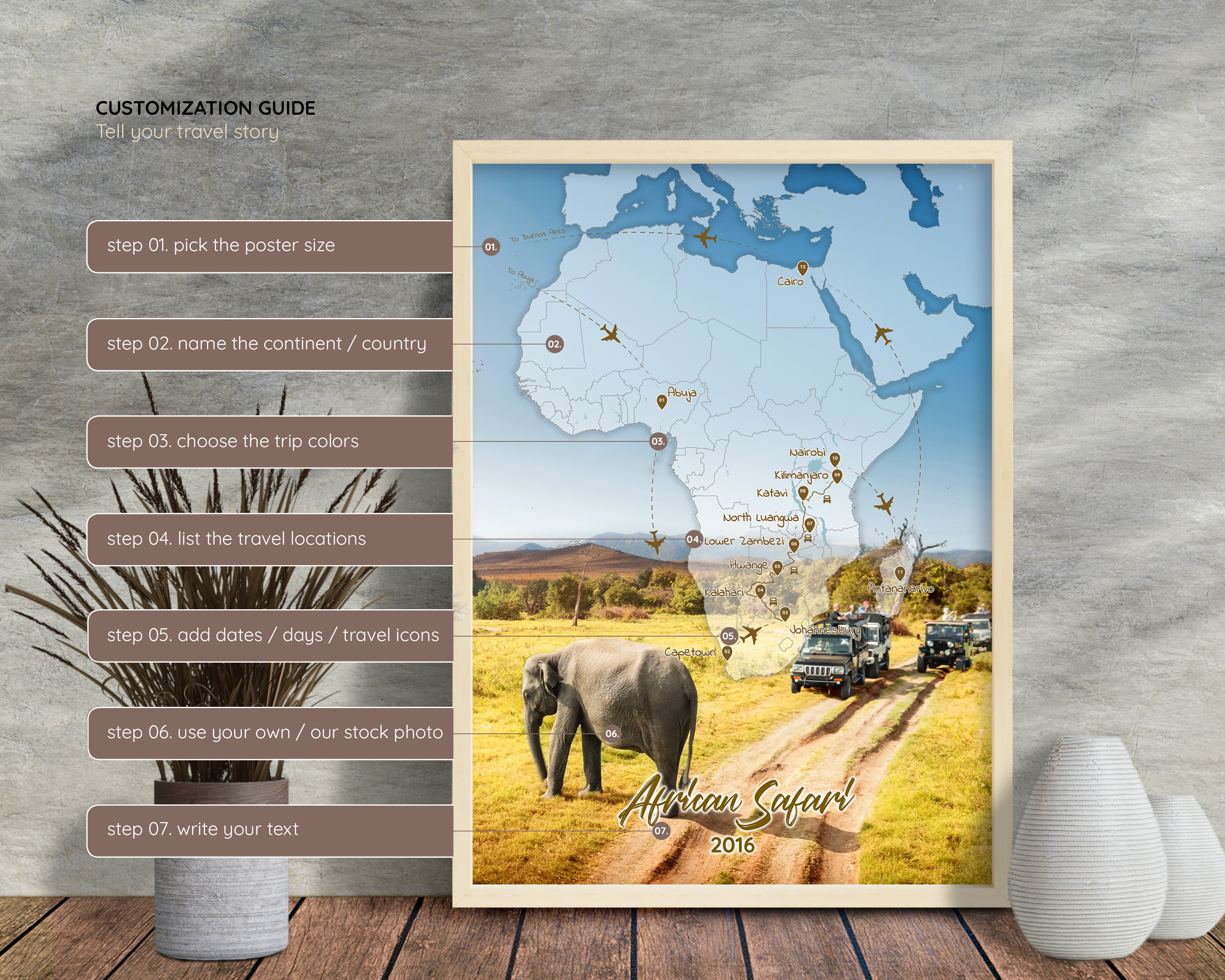 Custom Travel Map, Photo Background, Map of Africa, Safari, Jeep Tour ...