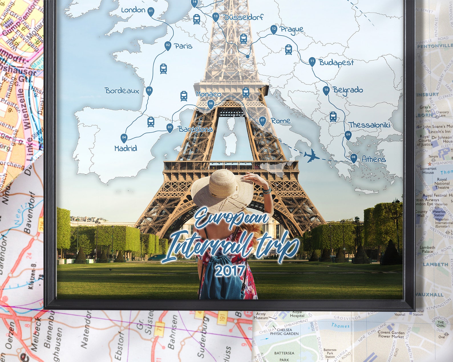 Custom Travel Map, Photo Background, Map of Europe, Interrail Trip ...