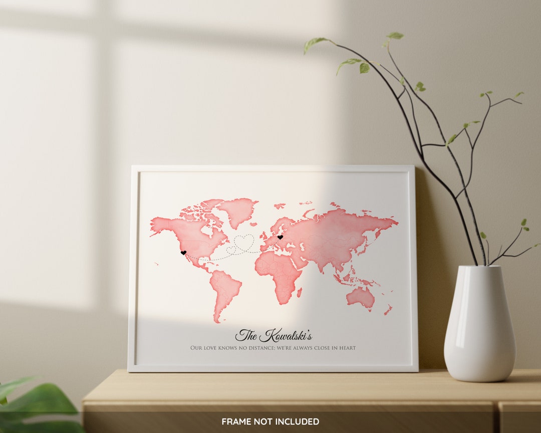 Personalised International Love Poster, Custom Long Distance Map Print ...