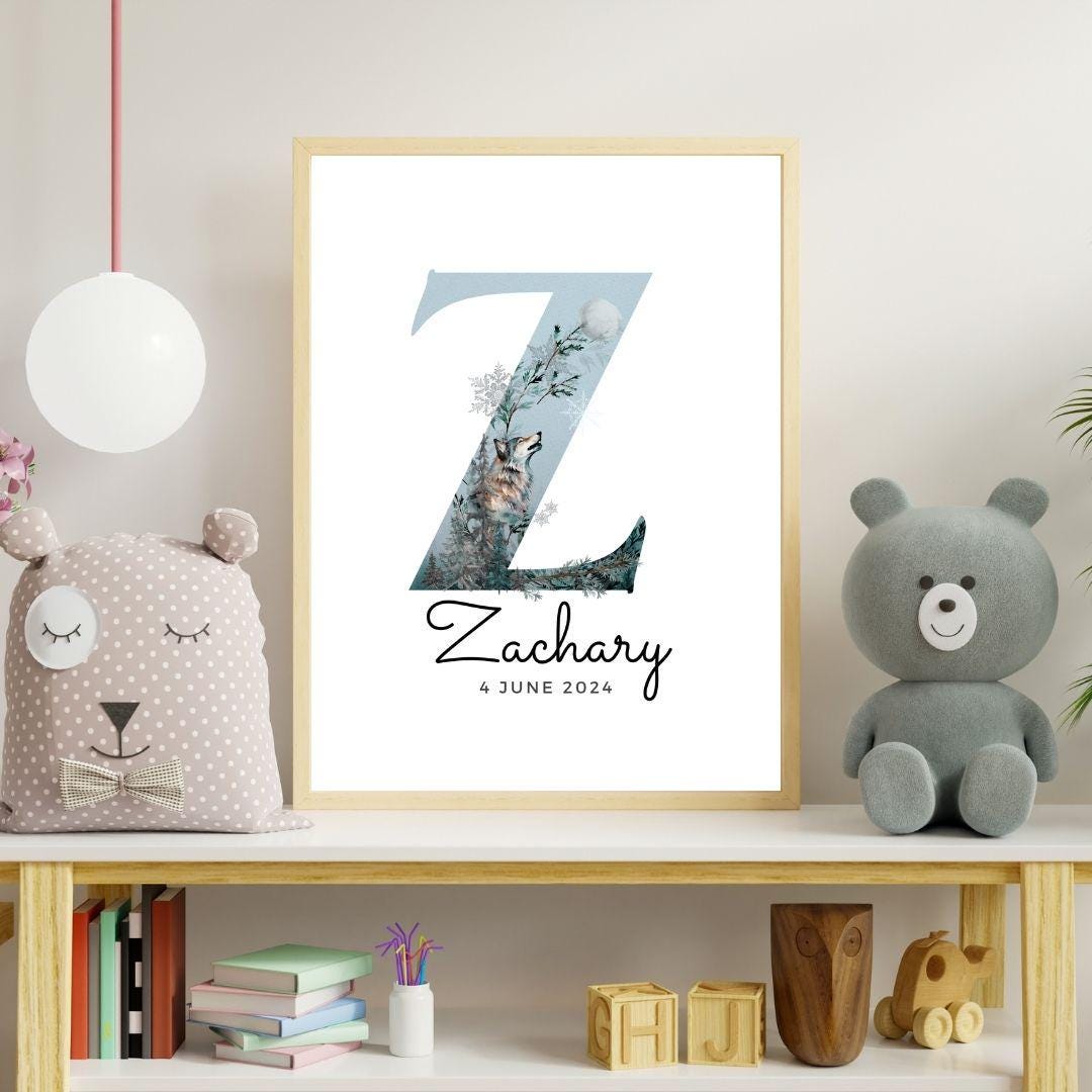 Poster, Customizable Baby Name Initial S-Z Woodland Animal Art Print ...