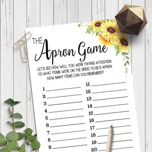 The Apron Game Bridal Shower Memory Game Sunflower Boho Chic Country ...