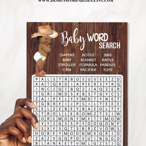 Cowboy Word Search Baby Shower Game African American Boy Rustic Country ...