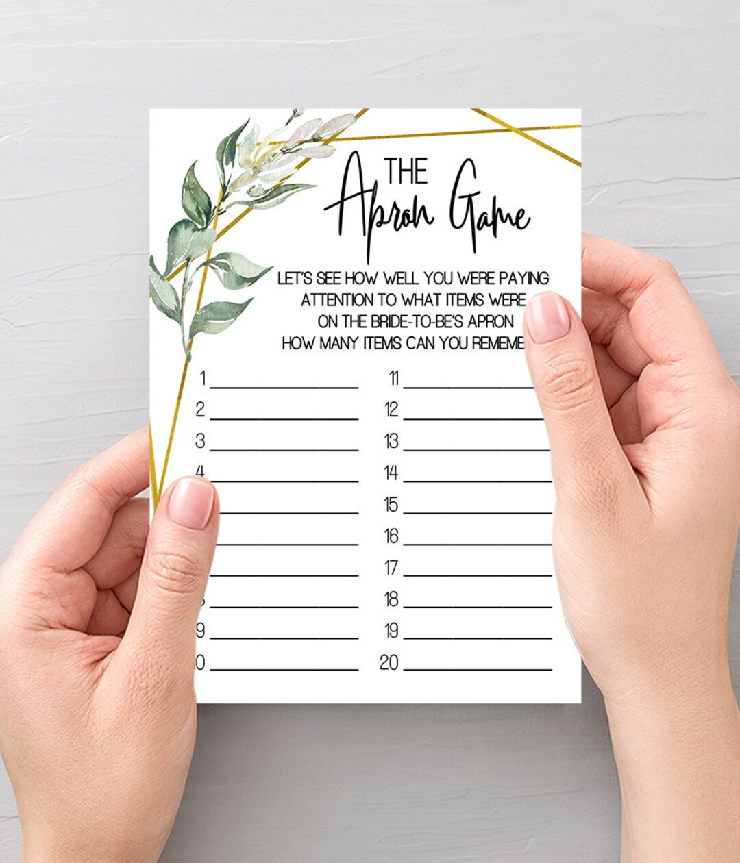 The Apron Game Bridal Shower Memory Game Greenery Gold Etsy