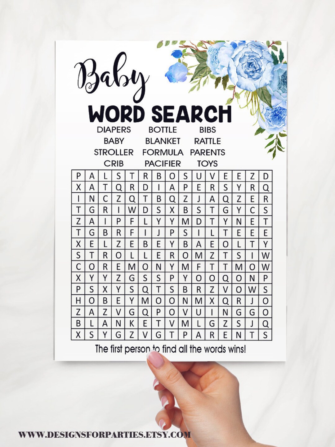 Blue Flowers Baby Word Search Game Baby Shower Game Blue Floral Boho ...