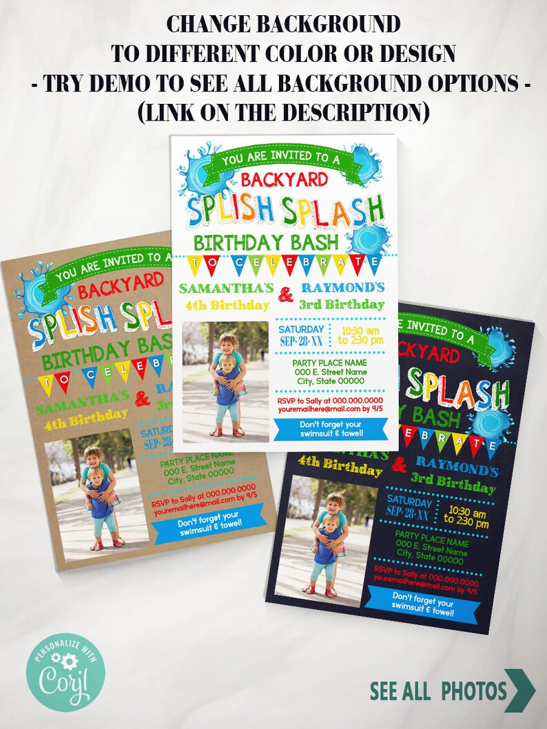 Splish Splash Summer Backyard Water Bash Invitation Combined - Etsy