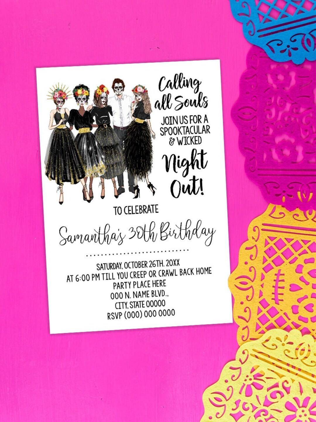 Calling All Souls Day of the Dead Birthday Invitation, Catrina Skulls ...