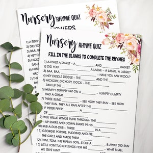 Pink Flowers Nursery Rhymes Baby Shower Game Complete the Rhyme Country ...
