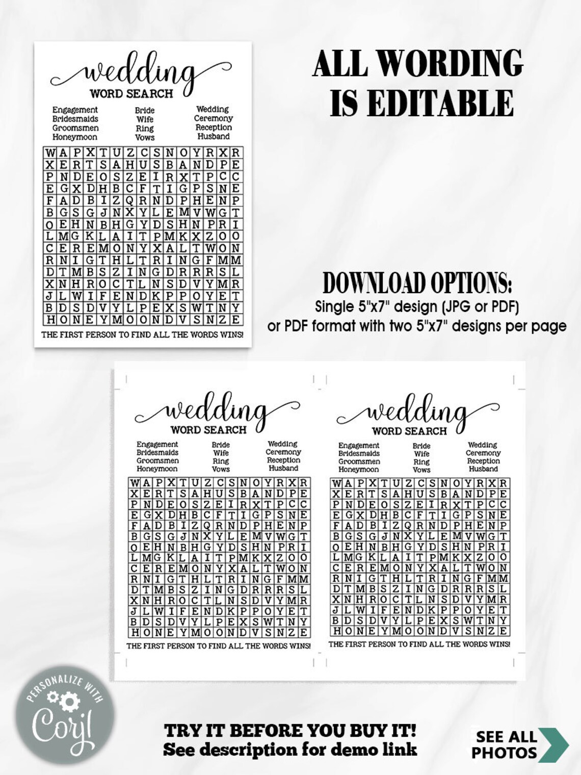 Wedding Word Search Game Bridal Shower Activity Game White | Etsy