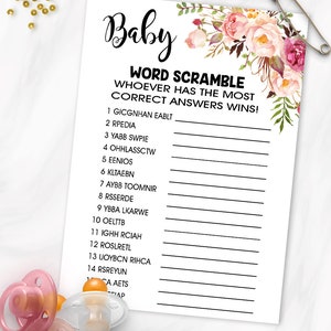 Pink Floral Baby Word Scramble Baby Shower Game Pink Flowers Boho ...