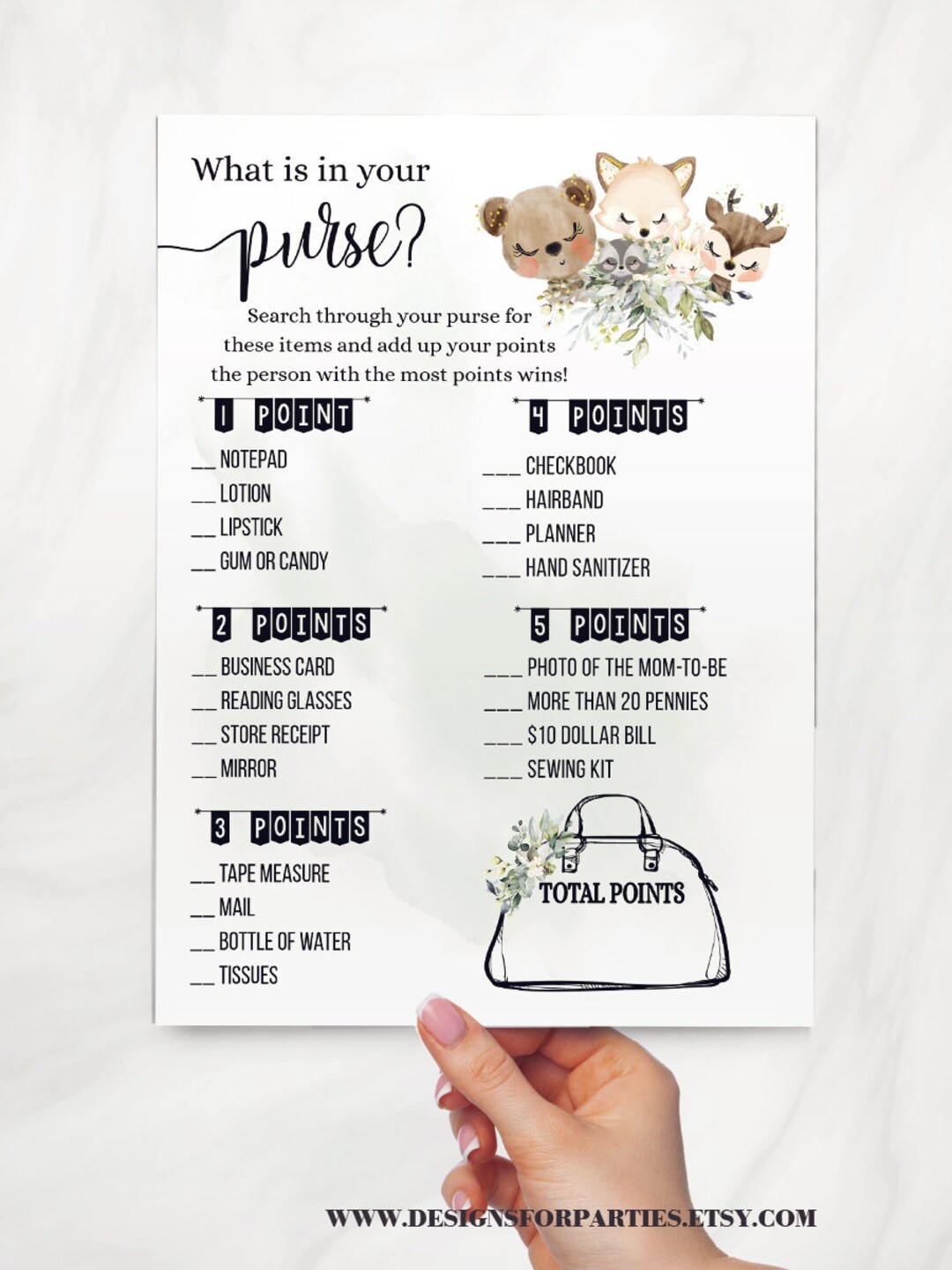 Forest Animals What is in Your Purse Baby Shower Game Greenery ...