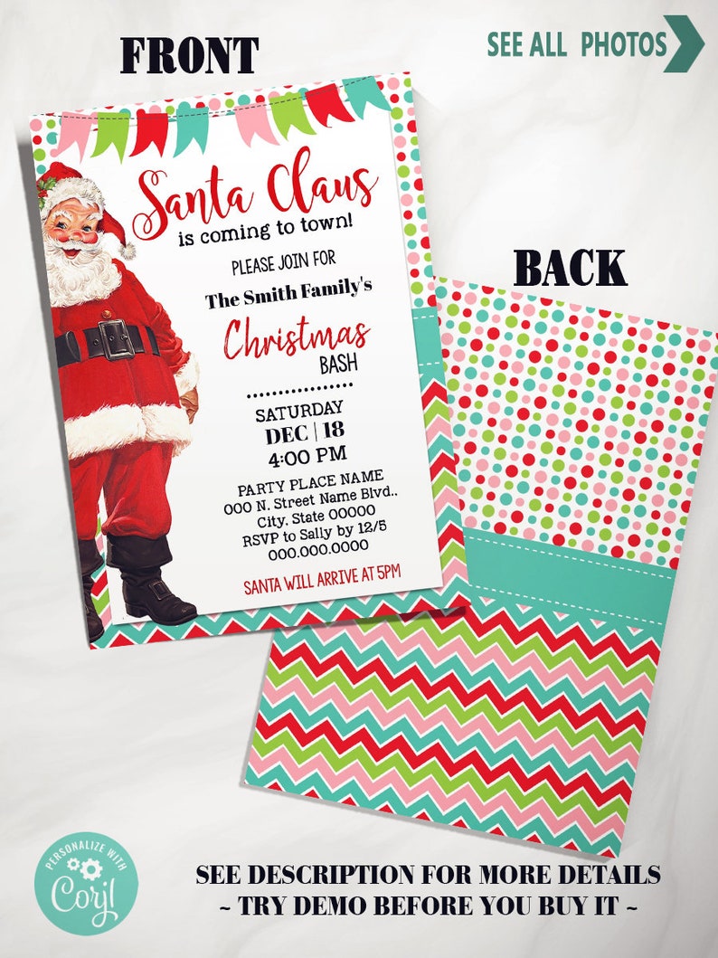 Retro Santa Invitation Santa Claus is Coming to Town Annual - Etsy