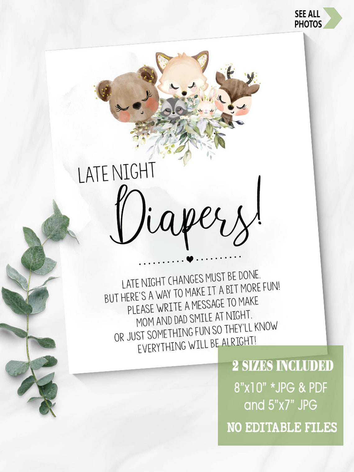 Forest Animals Late Night Diapers Baby Shower Game Greenery - Etsy