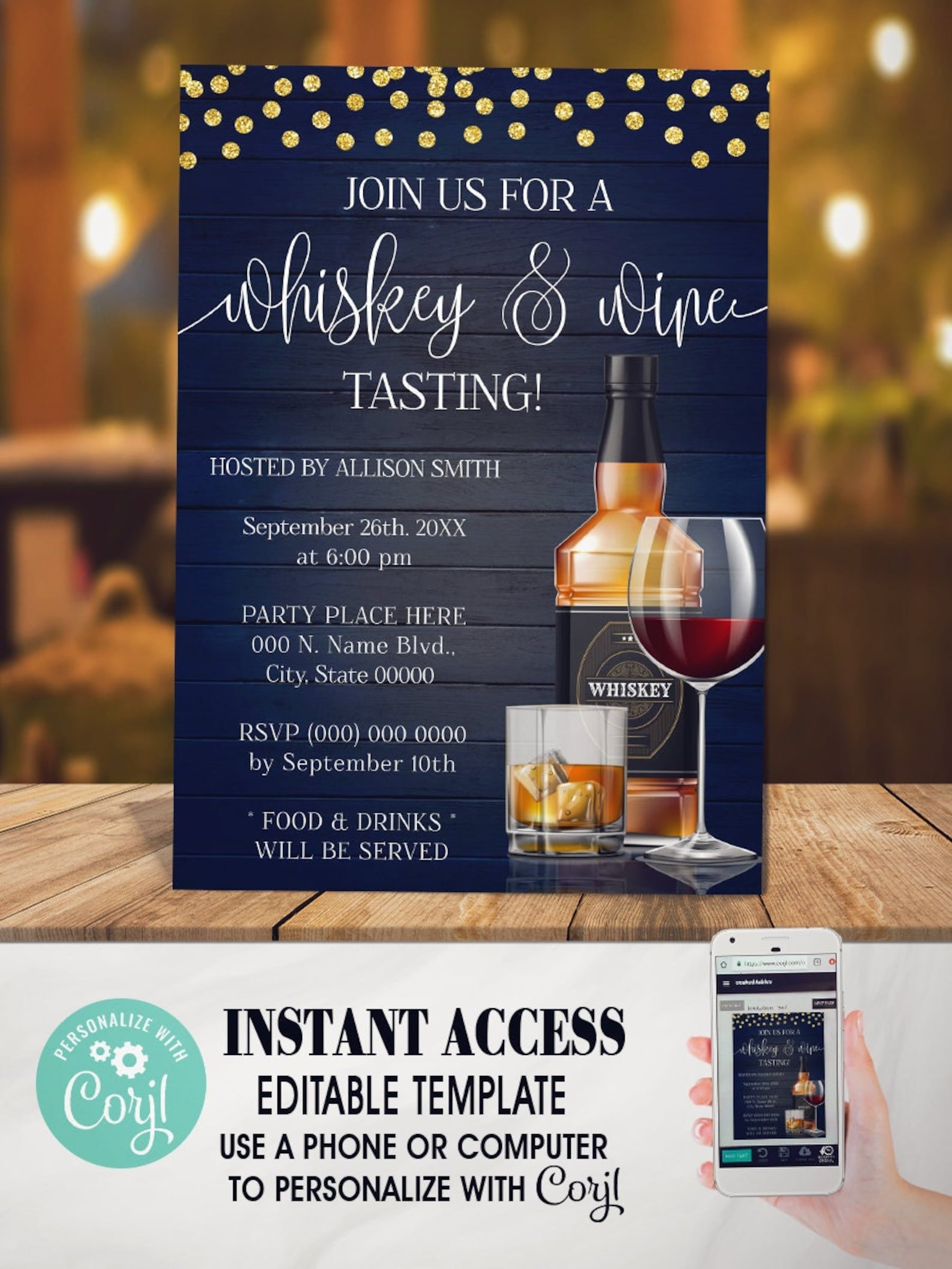 Whiskey & Wine Tasting Party Invitation Gold Glitter Blue Wood - Etsy