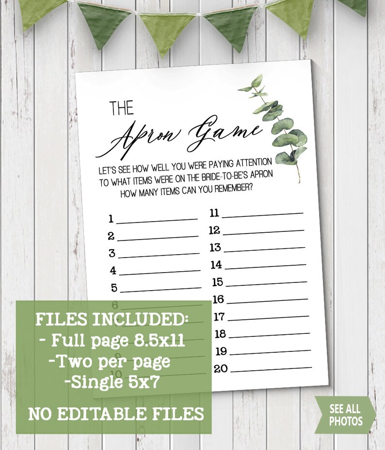 The Apron Game Bridal Shower Memory Guessing Game Eucalyptus Greenery ...