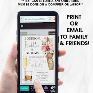 Bourbon Bubbles and Blooms Birthday Party Invitation Pink Floral Boho ...
