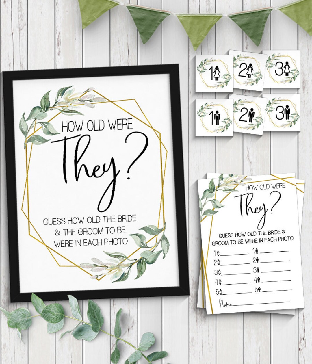 How Old Were They Game Guess Their Age Bridal Shower Game Greenery Gold ...