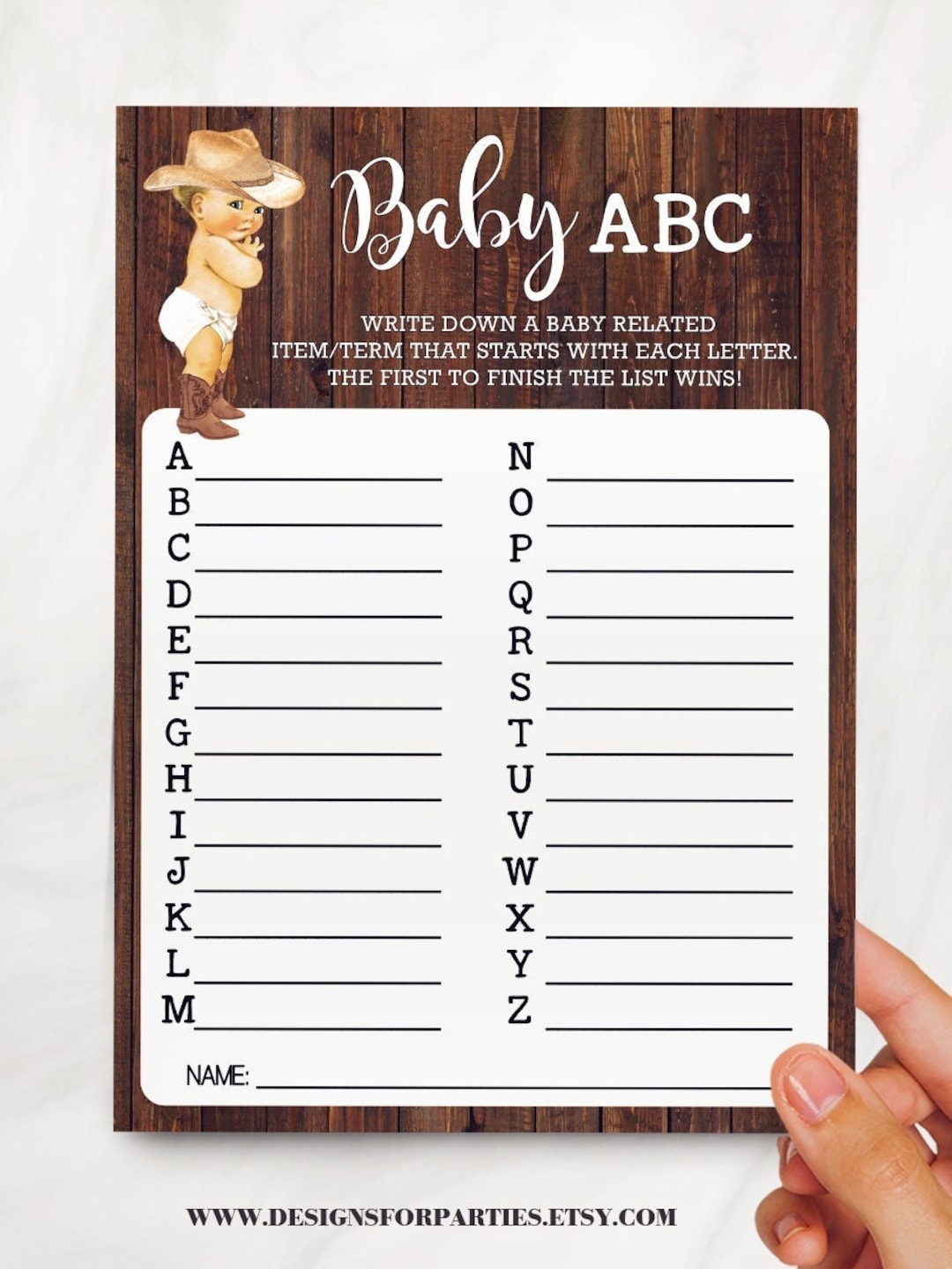 Cowboy ABC Baby Shower Game Guess ABC Baby Words Boy Rustic Country ...