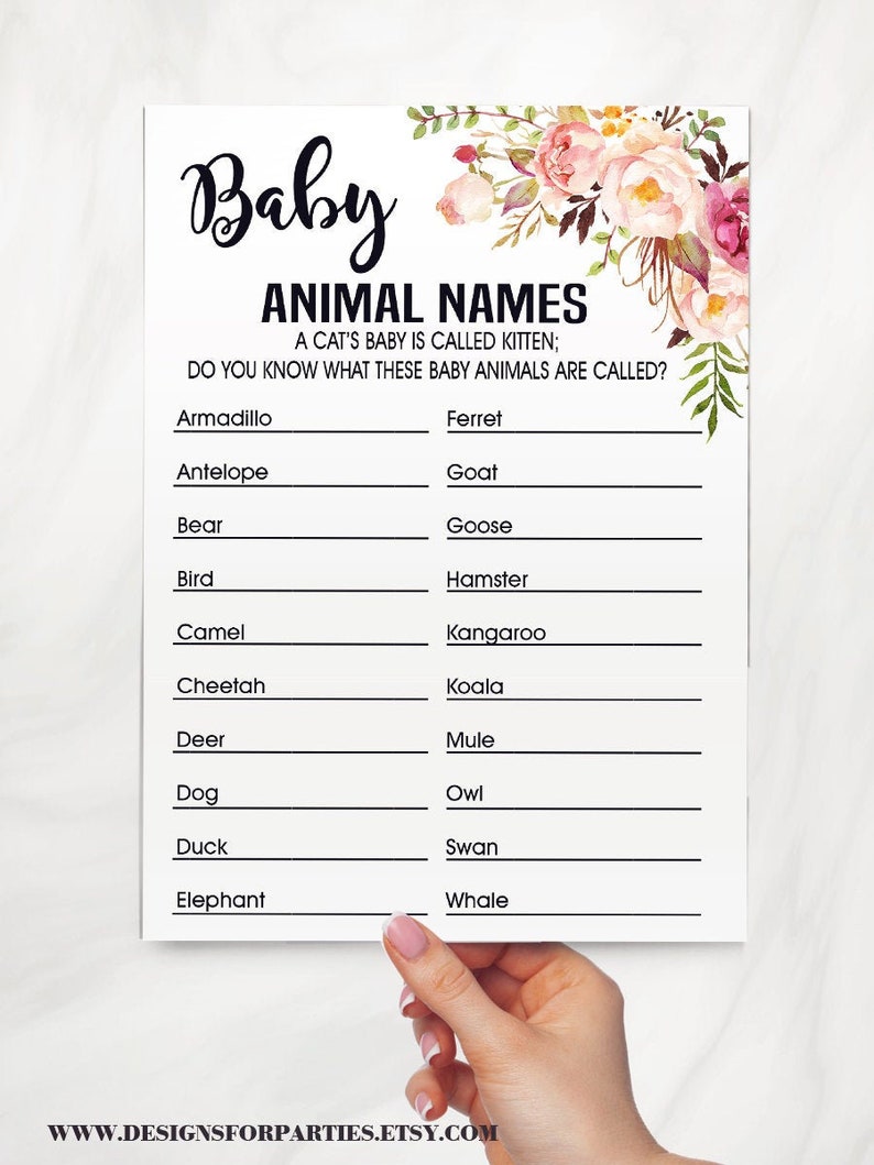 Pink Flowers Guess Baby Animals Name Baby Shower Game Pink - Etsy