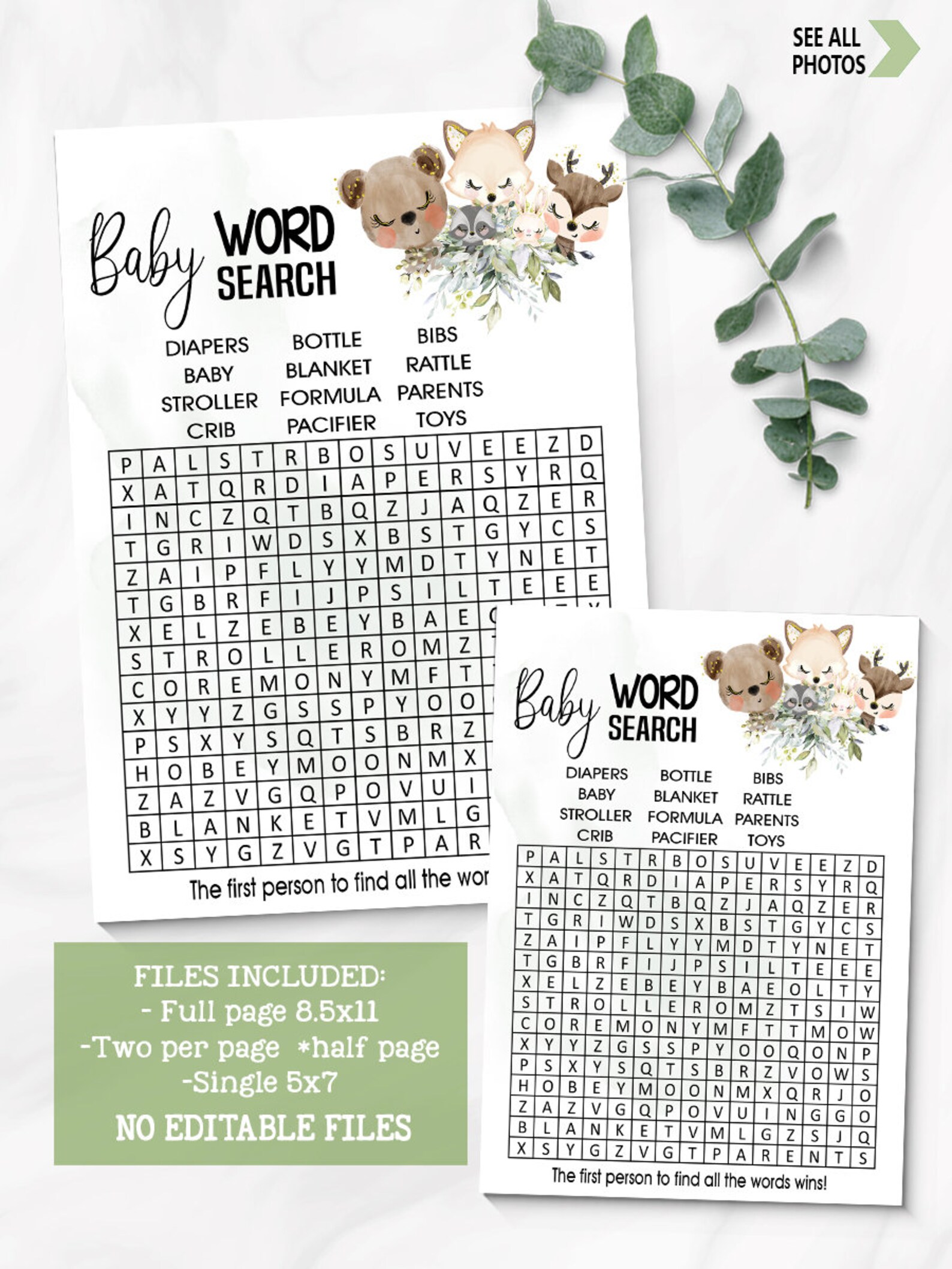Forest Animals Baby Word Search Game Baby Shower Game Greenery - Etsy