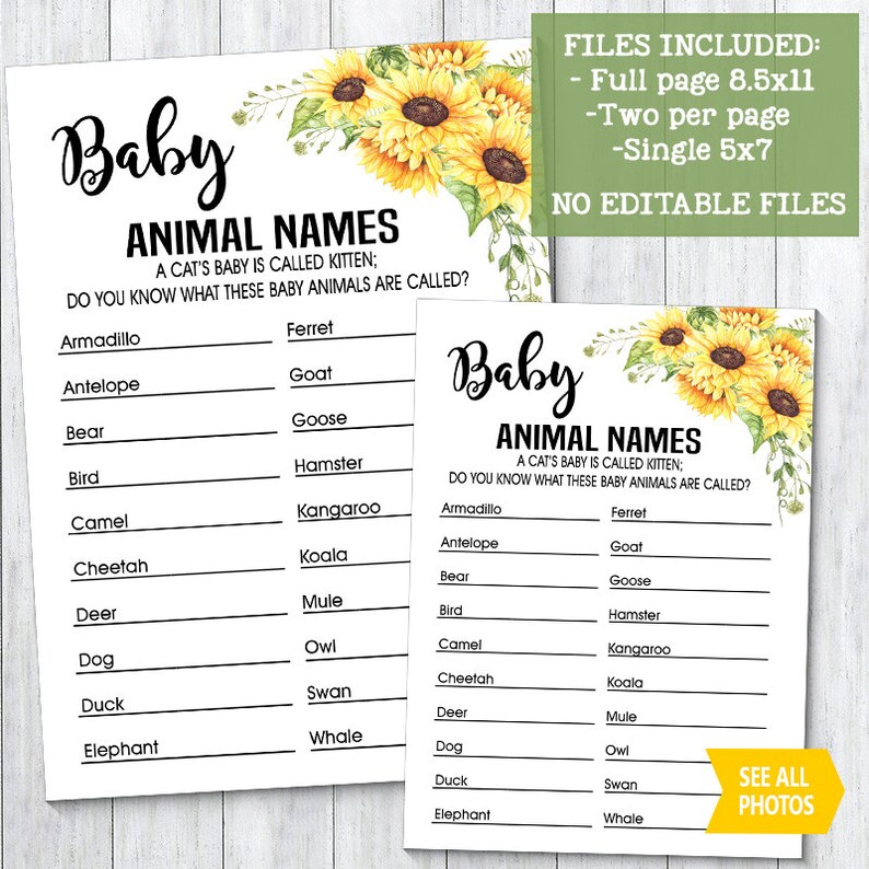 Sunflowers Guess Baby Animals Name Baby Shower Game Sunflower - Etsy
