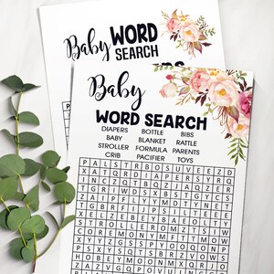 Pink Flowers Baby Word Search Game Baby Shower Game Pink Floral Boho ...