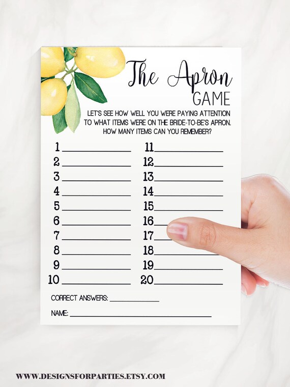 The Apron Game Bridal Shower Memory Game Lemon Citrus Lemons Etsy