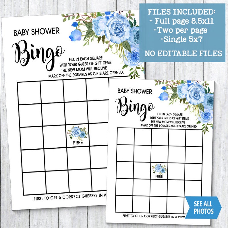 Baby Shower Bingo Blue Floral Bingo Baby Shower Game Blue - Etsy